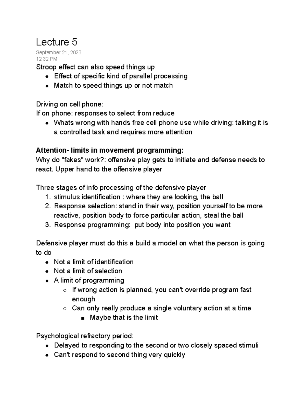 Kin 203 - lecture 4 - Lecture 5 September 21, 2023 12:32 PM Stroop effect can also speed things ...
