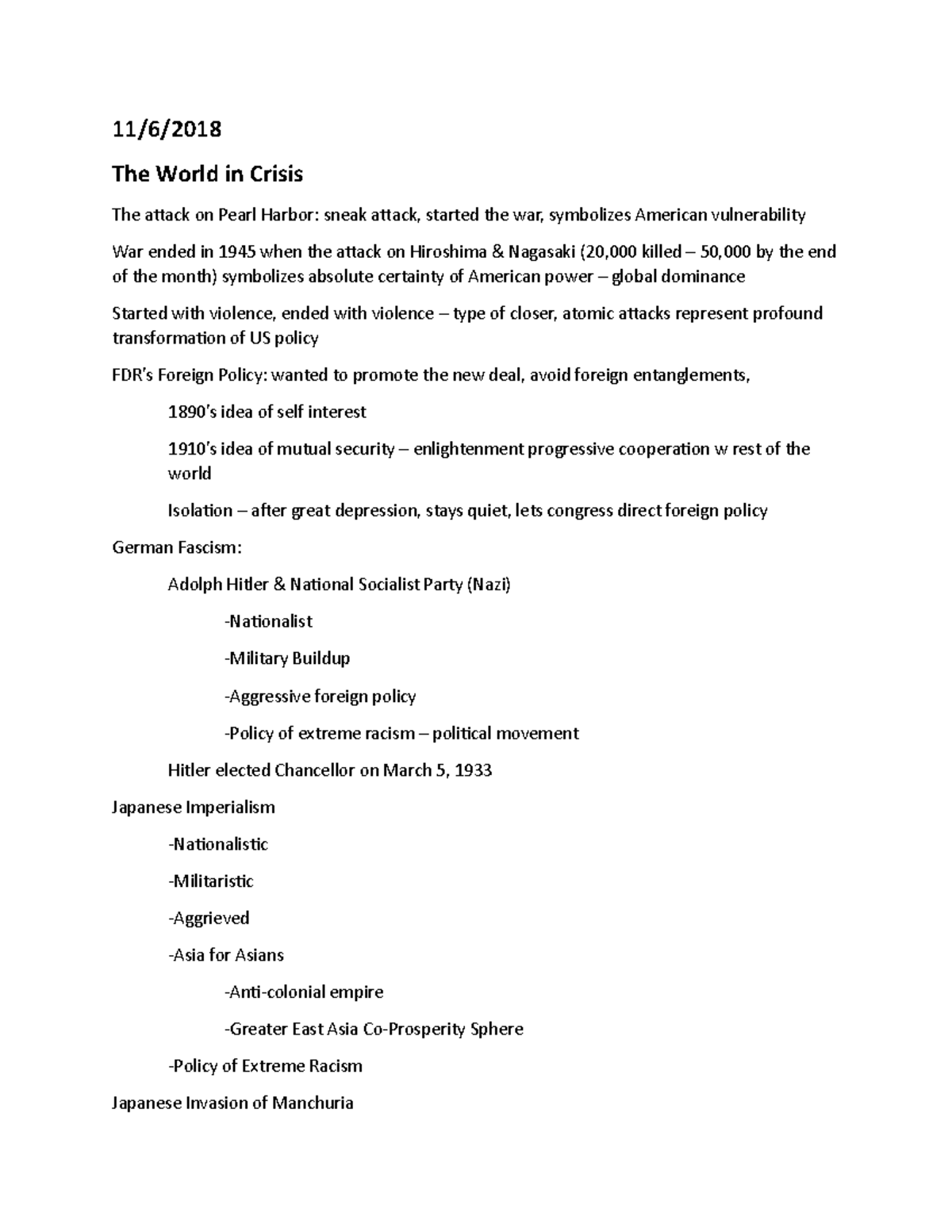 Notes-3 - Lecture notes 11-15 - 11/6/2018 The World in Crisis The ...