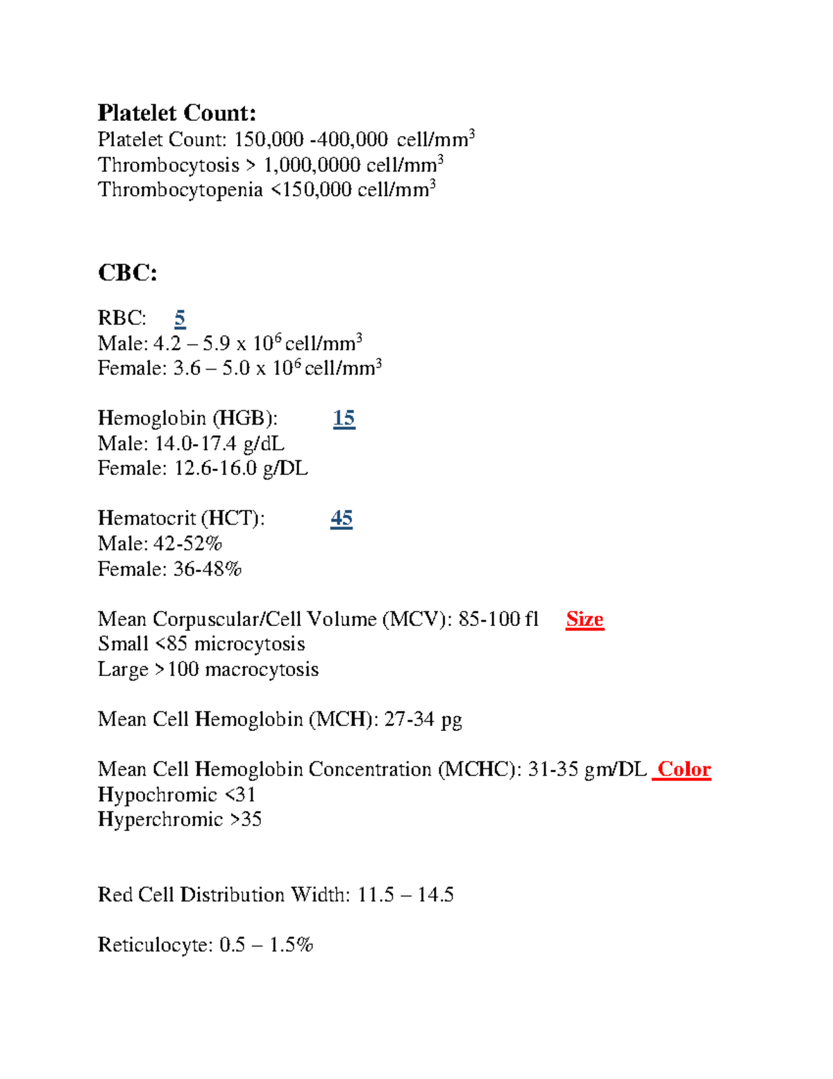 Platelet and CBC Indices - Platelet Count: Platelet Count: 150,000 ...