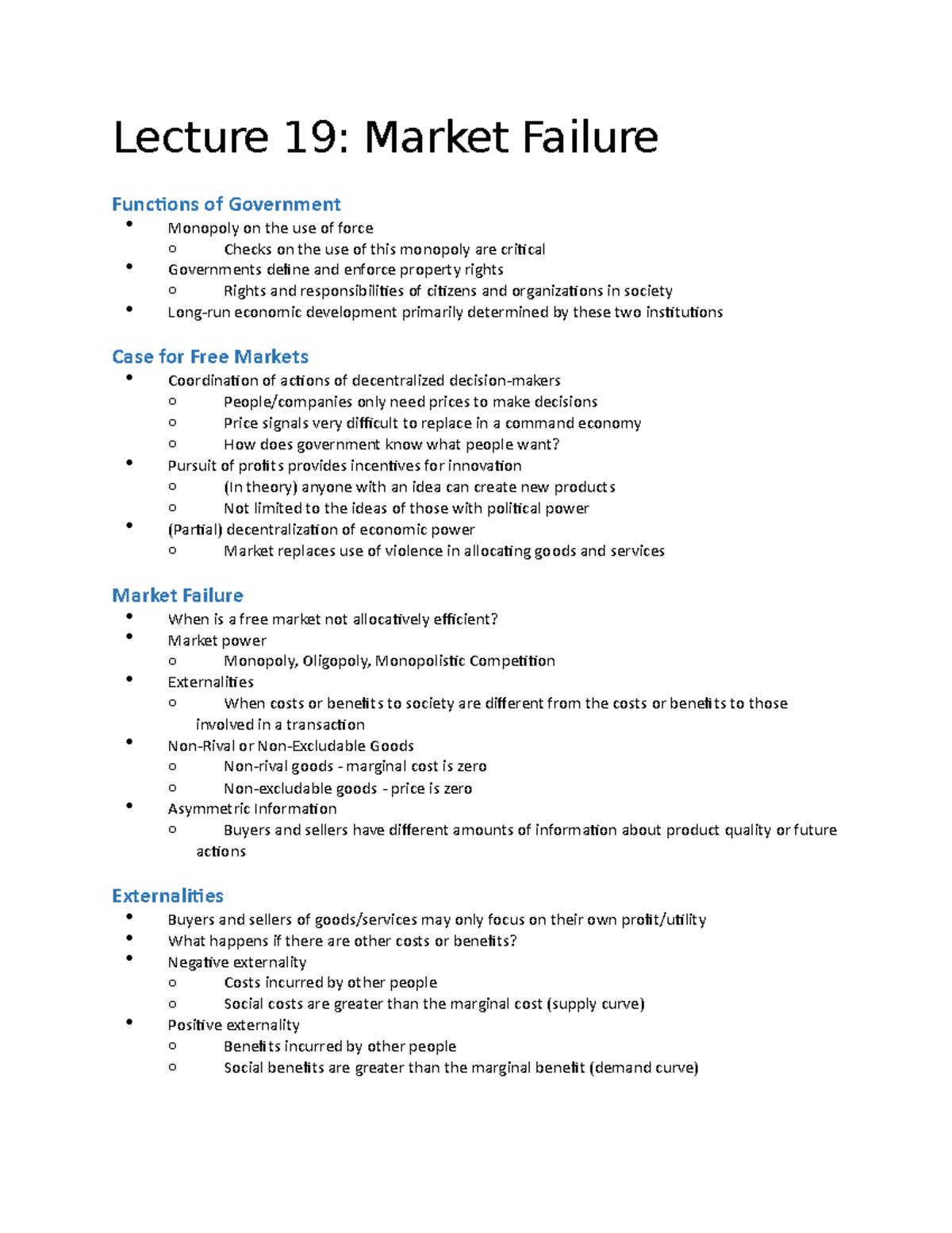 Lecture 19 Market Failure - Lecture 19: Market Failure Functions of ...