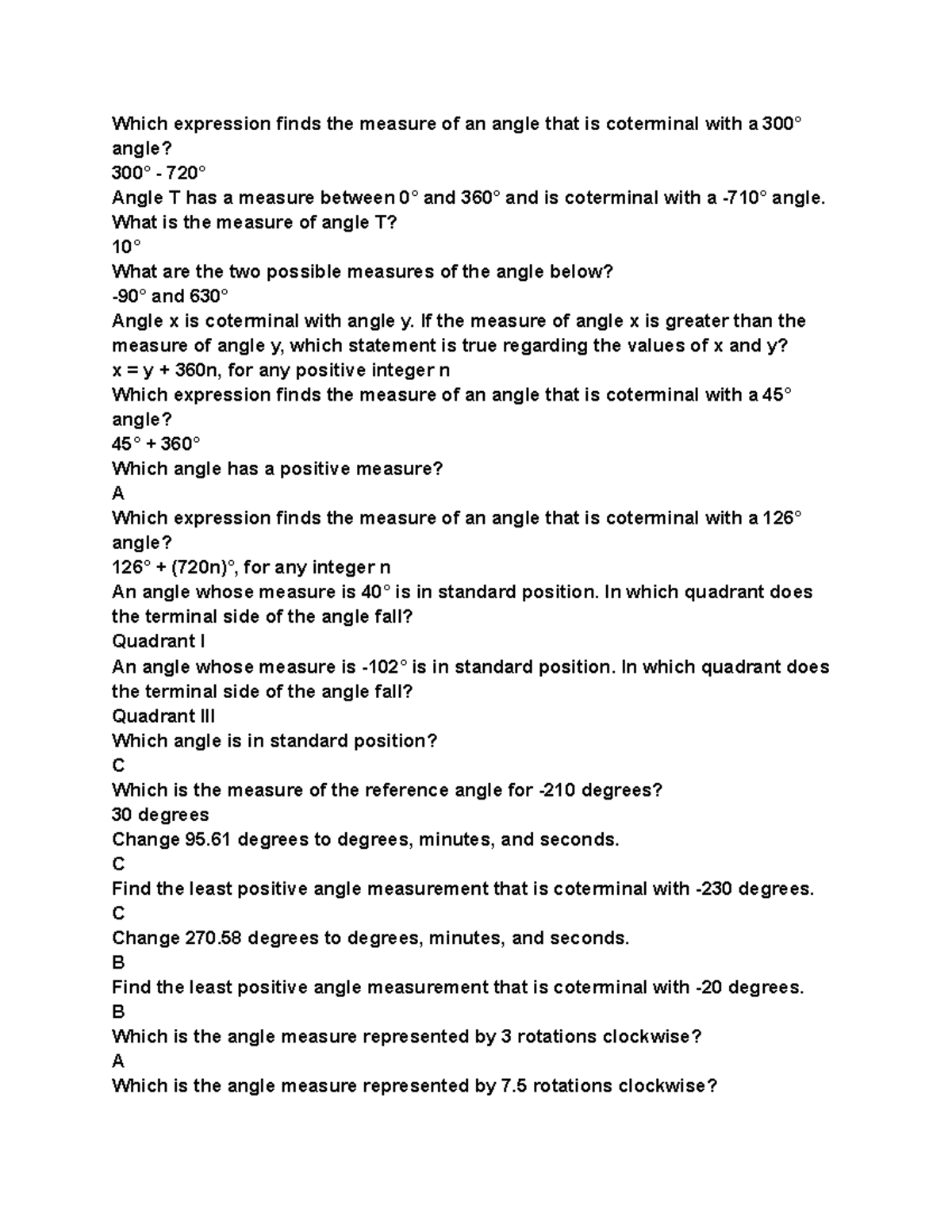 Pre cal 1 - common calc knowledge - Which expression finds the measure ...