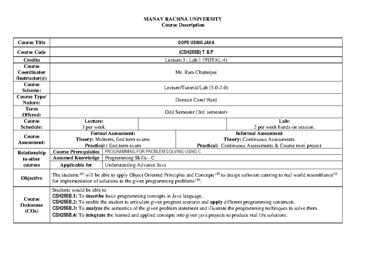 7.OOP - Course Description 2023 - Course Description Course Title OOPS ...