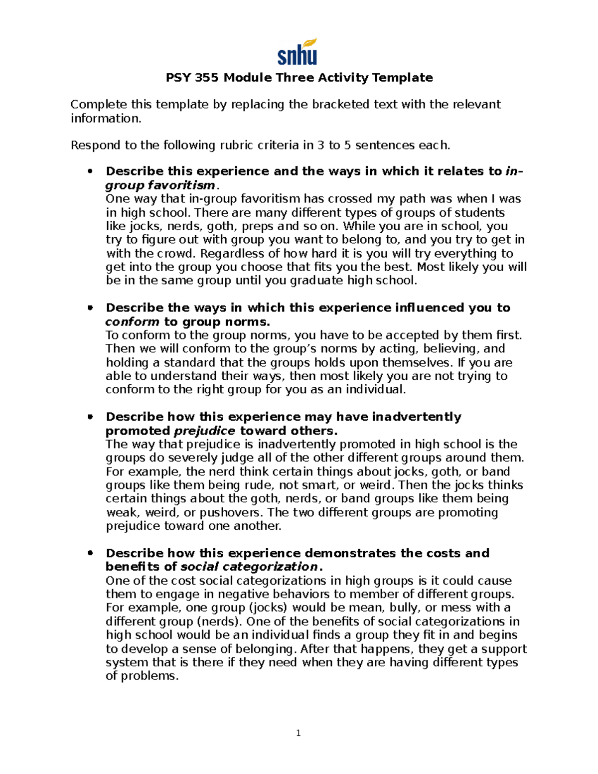 PSY 355 Module Three Activity Template - PSY 355 Module Three Activity Template Complete this ...