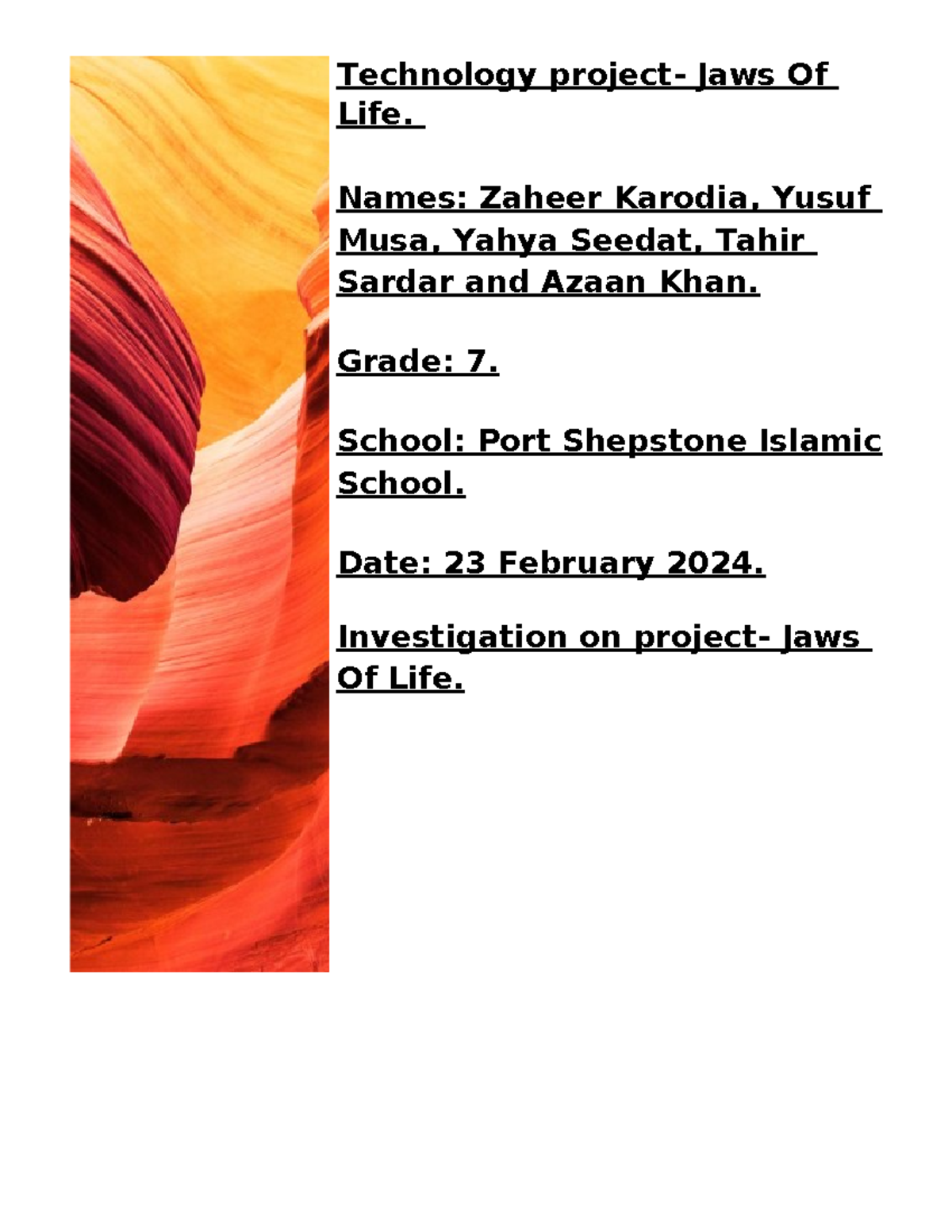 Technology- Investigation - Technology project- Jaws Of Life. Names ...
