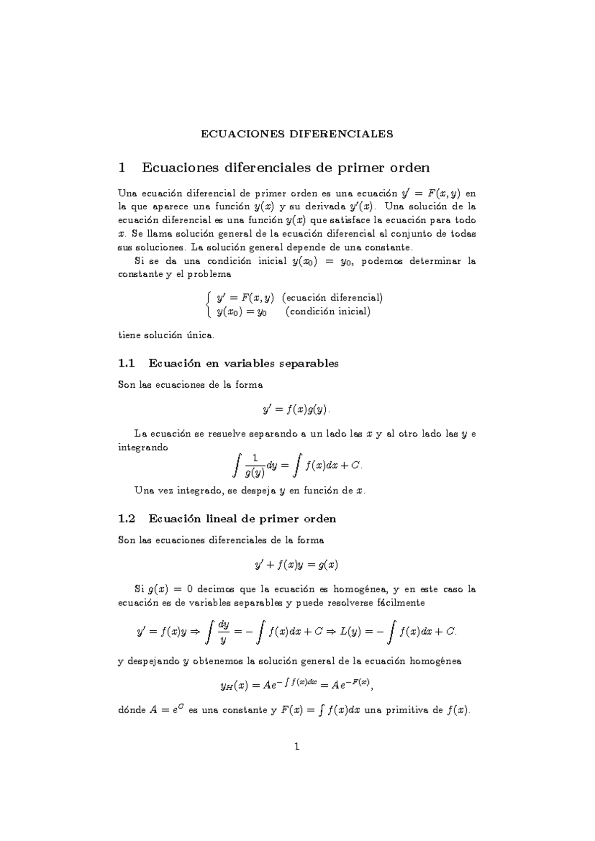 Ecuaciones Diferenciales de Primer Orden - ECUACIONES DIFERENCIALES 1 ...