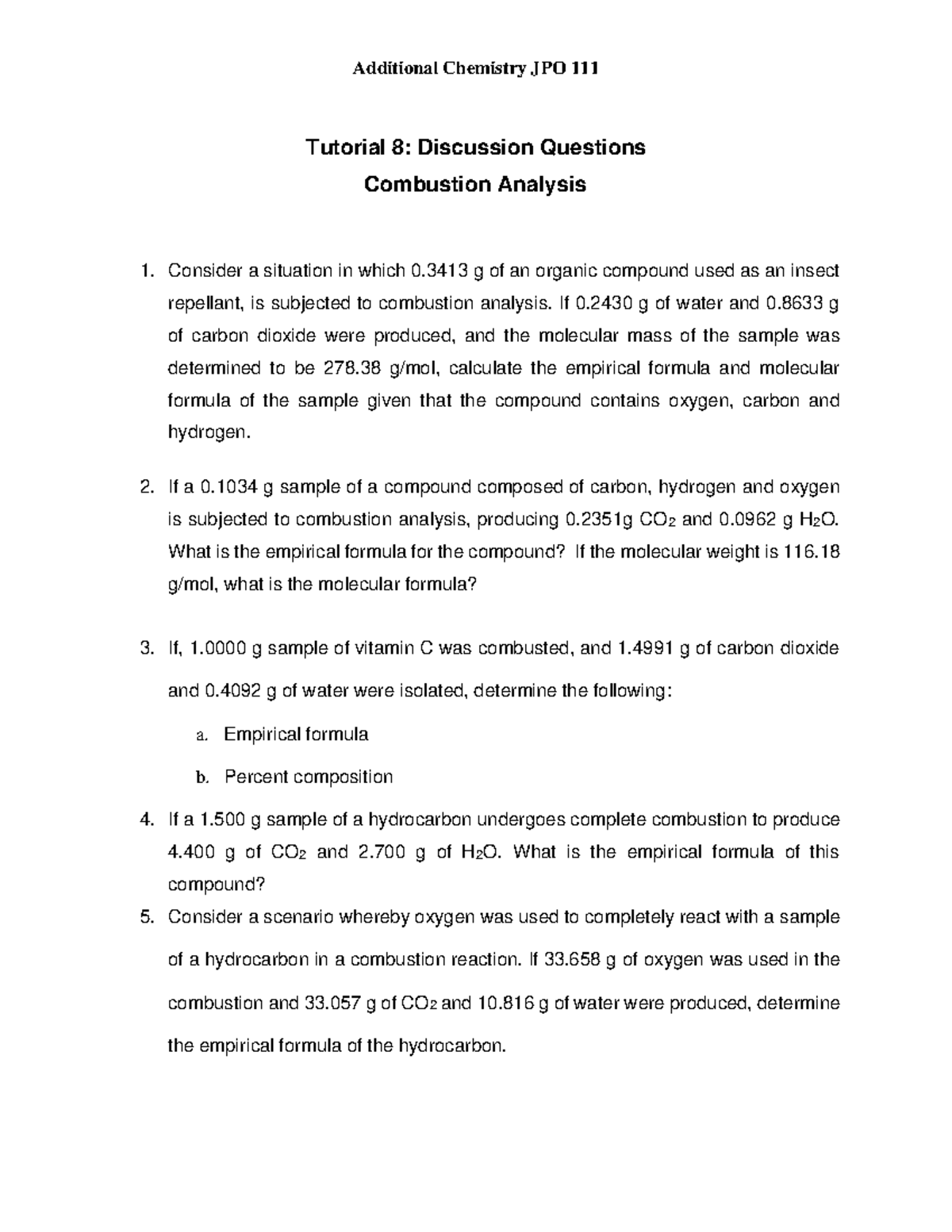 Tutorial 6 Combustion Analysis - Additional Chemistry JPO 1 11 Tutorial ...