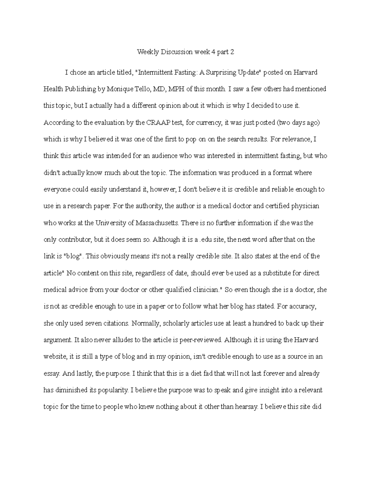 Weekly Discussion week 4 part 2 - Weekly Discussion week 4 part 2 I ...