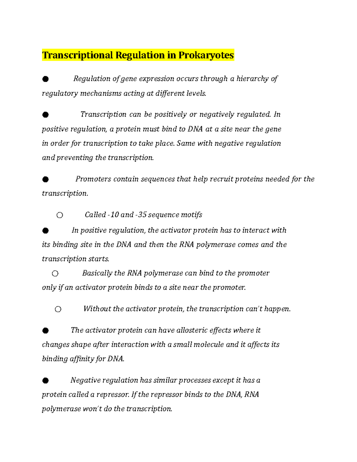 Transcriptional Regulation in Prokaryotes - Notes - Transcriptional ...