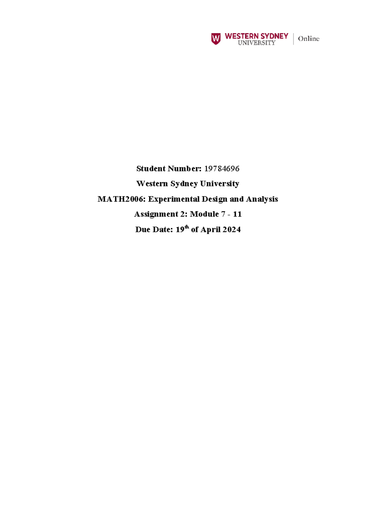 Assignment 2 Module 7:11 - Student Number: 19784696 Western Sydney University MATH2006 ...