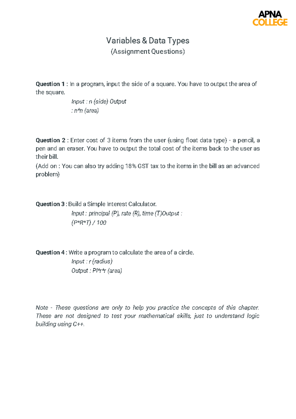 15. Variables & Data Types Questions - Variables & Data Types (Assignment Questions) Question 1 ...