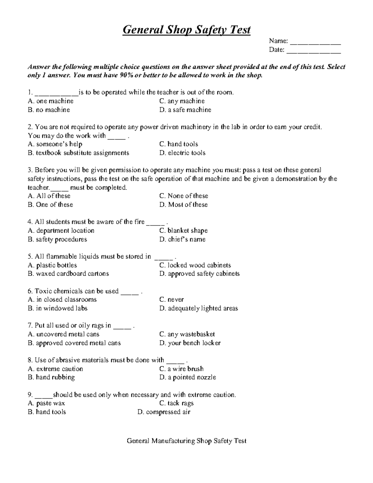 General Shop Safety Test - General Shop Safety Test Name ...
