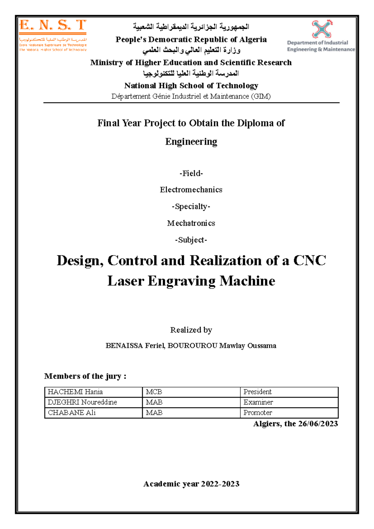 PFE 2023 MECT- Benaissa Feriel ET Bourourou Mawlay Oussama - الشعبيةالجمهورية الجزائرية ...