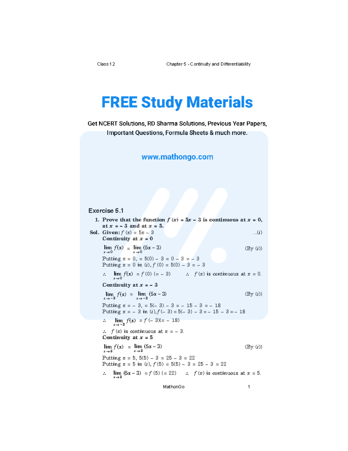 Mathongo - Differentiability - Exercise 5. 1. Prove that the function f ( x ) = 5 x – 3 is - Studocu