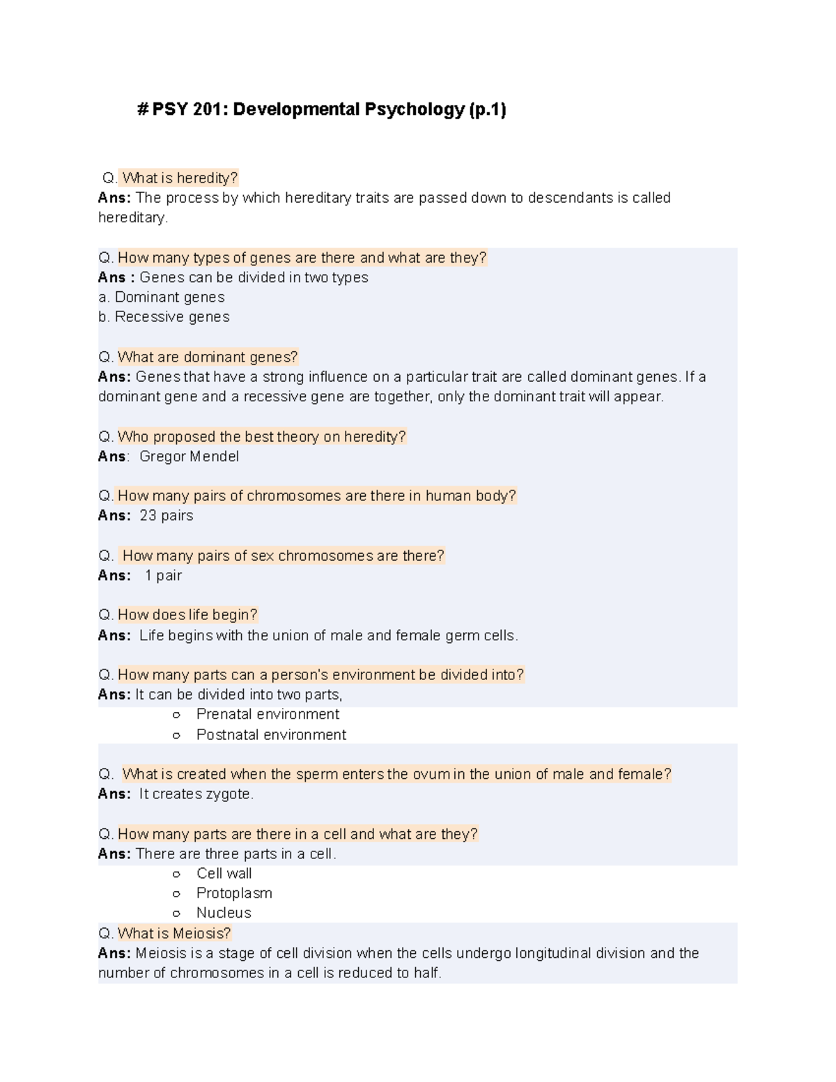 # PSY 201 Developmental Psychology (p1) - # PSY 201: Developmental Psychology (p) Q. What is ...