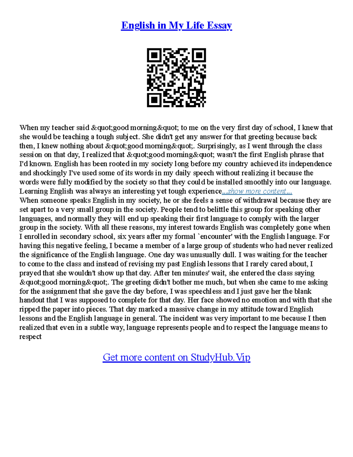 English Essay Examples - English in My Life Essay When my teacher said ...
