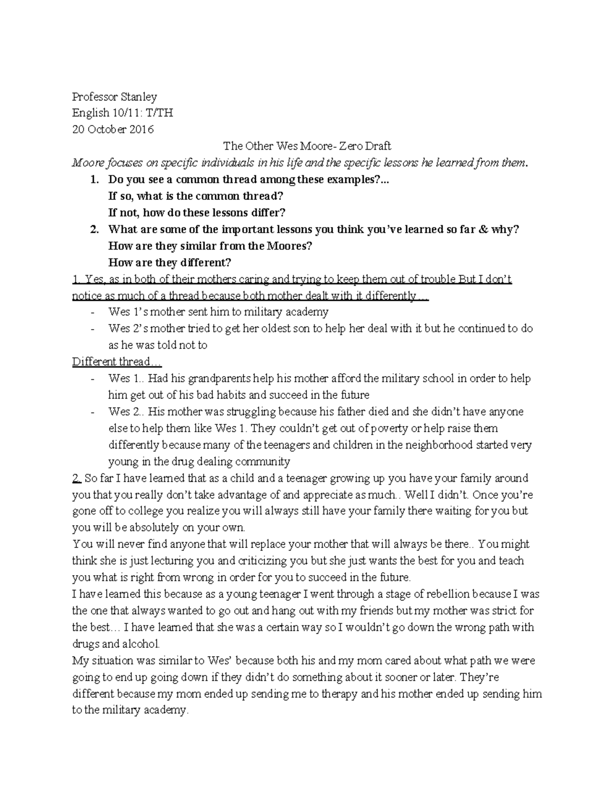 Zero Draft Other Wes - Professor Stanley English 10/11: T/TH 20 October ...