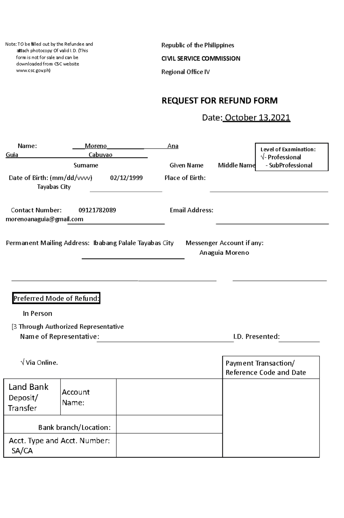 Request for Refund Form - Note: TO be filled out by the Refundee and ...