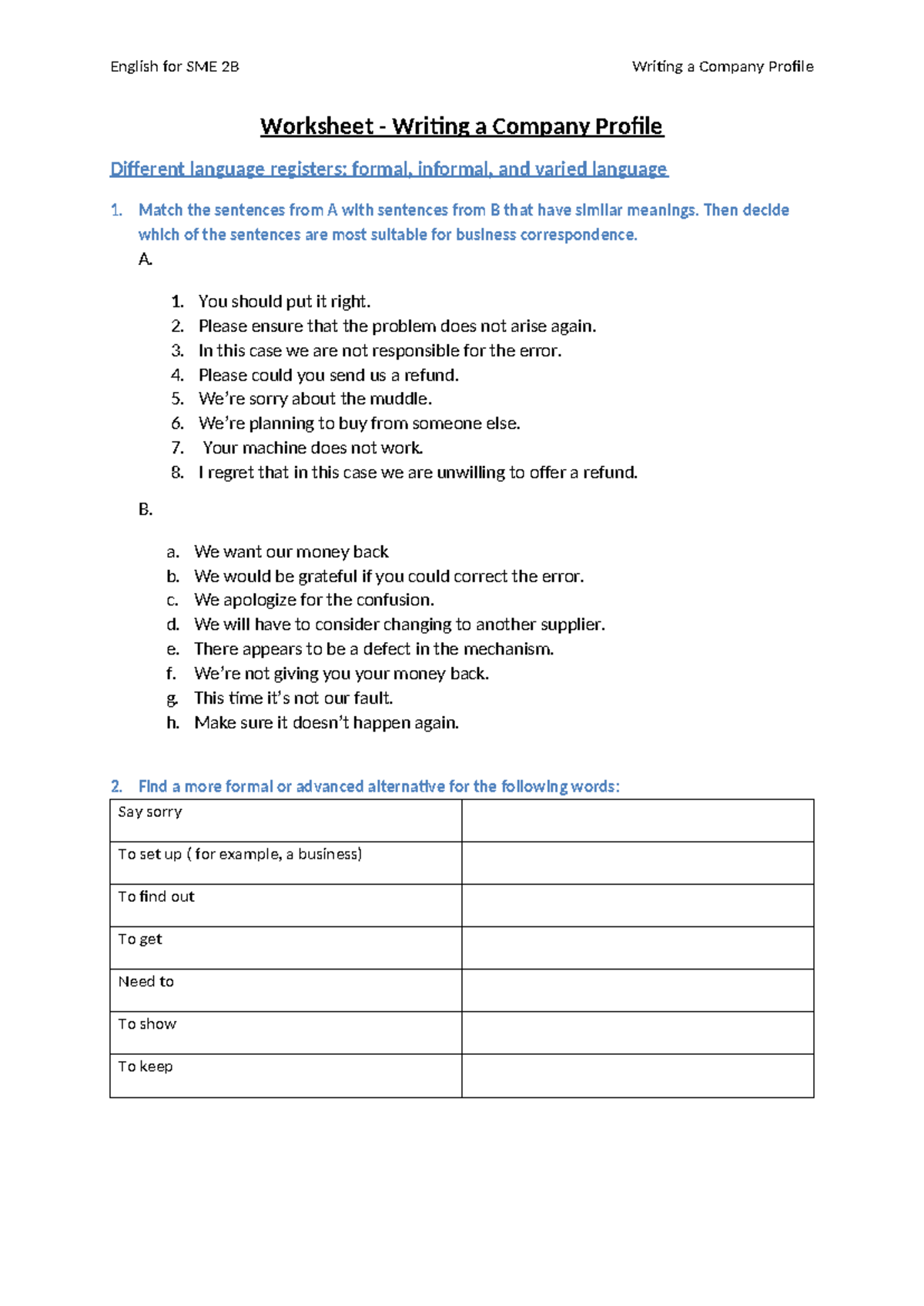 Work sheet - Writing A Company Profile - Worksheet - Writing a Company ...