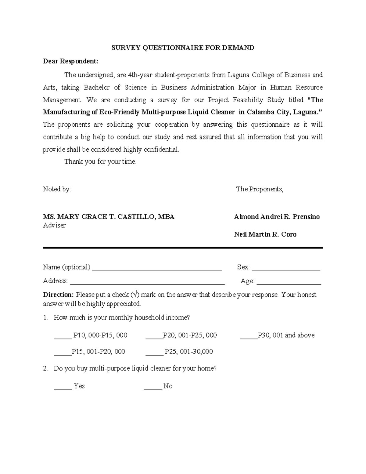 Liquid Cleaner Survey Questionnaire FOR Demand - SURVEY QUESTIONNAIRE ...