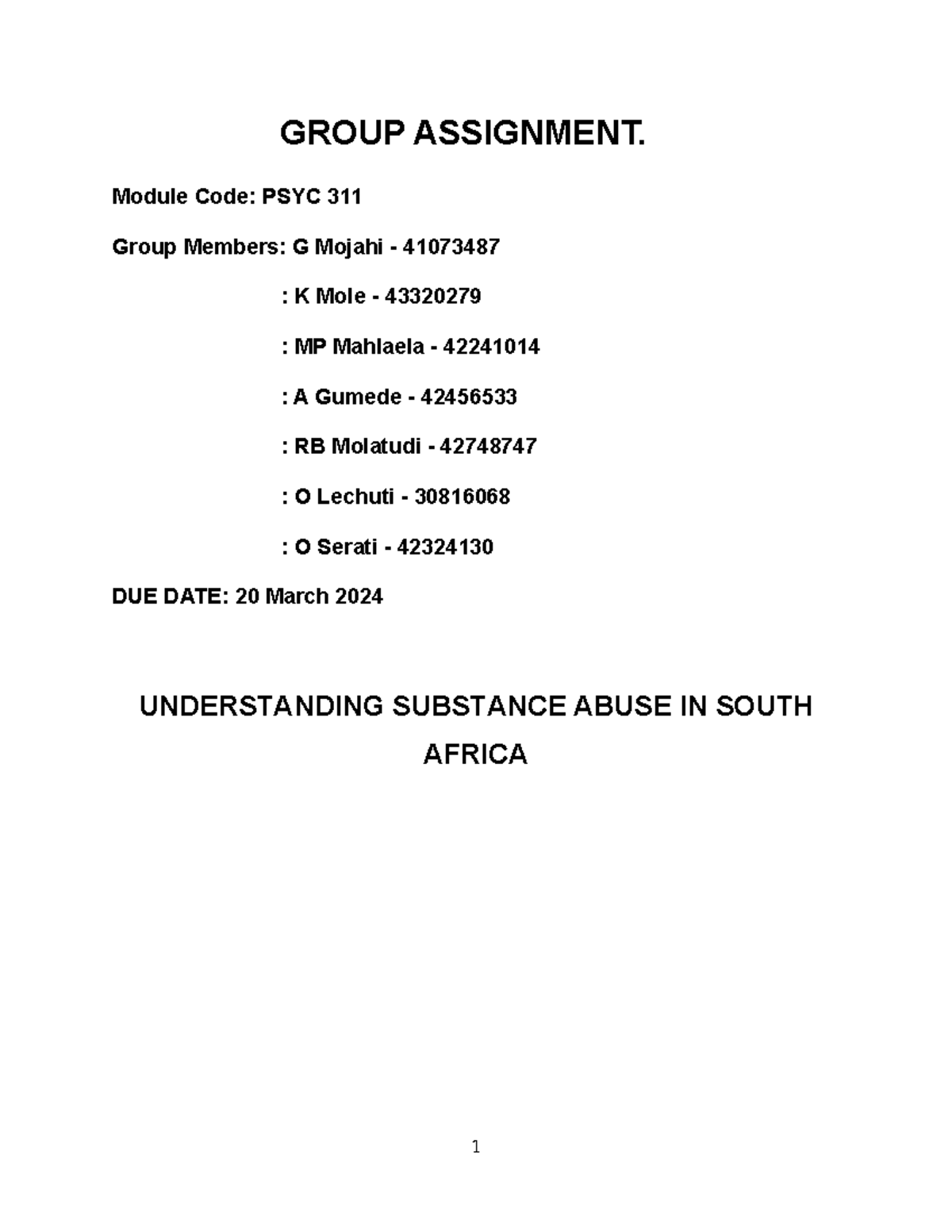 Psych 311 Group Assignment 1 copy copy - GROUP ASSIGNMENT. Module Code ...