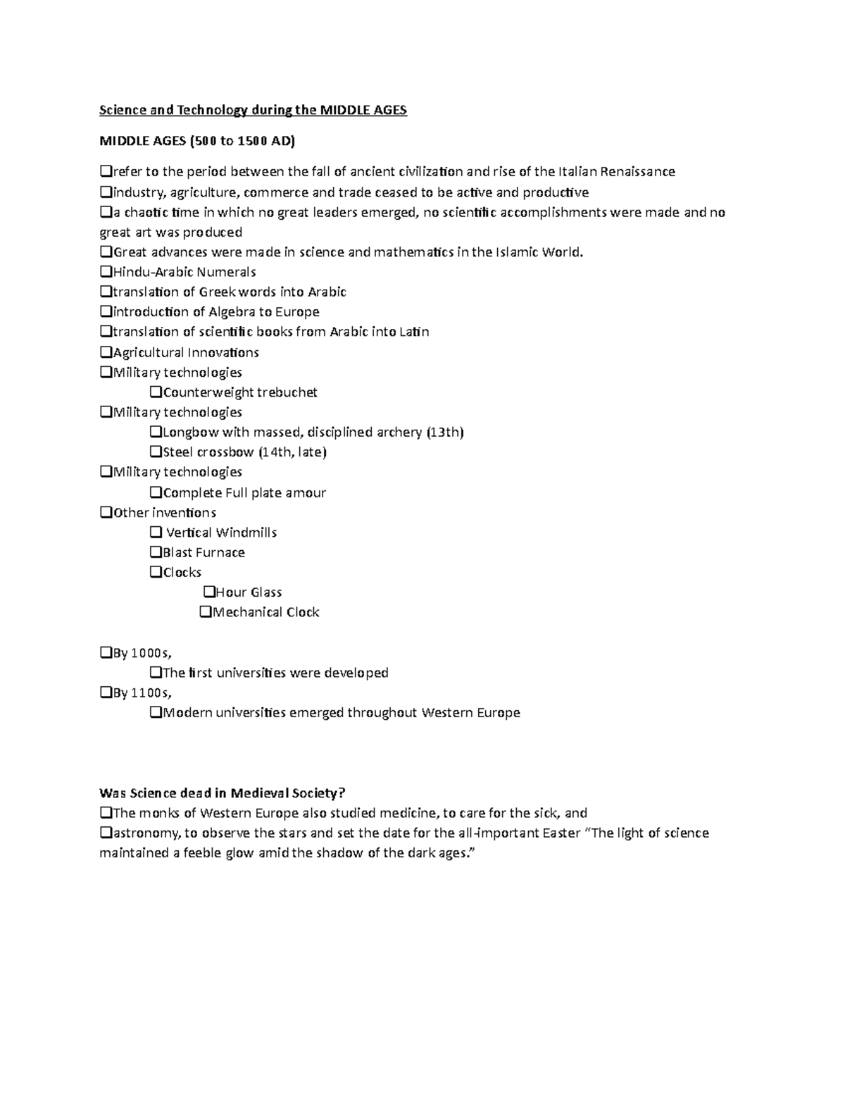 STS during the Middle AGES - Science and Technology during the MIDDLE ...