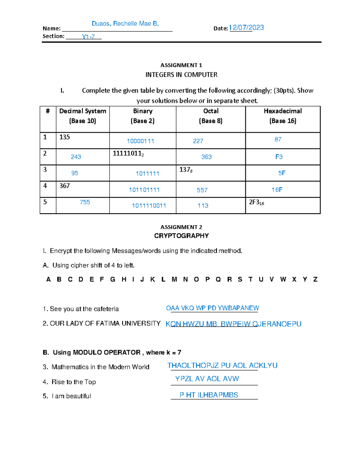 Assignment Integers IN Computer and Cryptography - Name