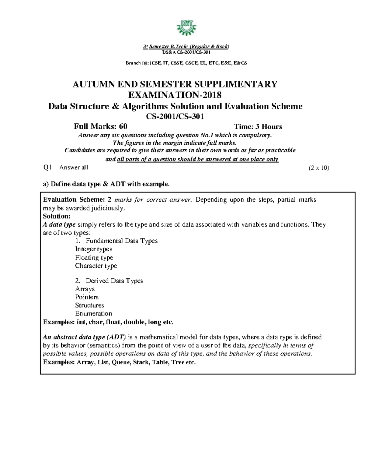 6. DSA End Sem Supplimentary Solution and Evaluation Scheme 2018 - 3 rd Semester B: (Regular ...