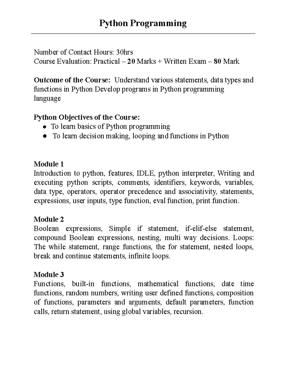 Python Programming Python Programming Number Of Contact Hours 30hrs Course Evaluation