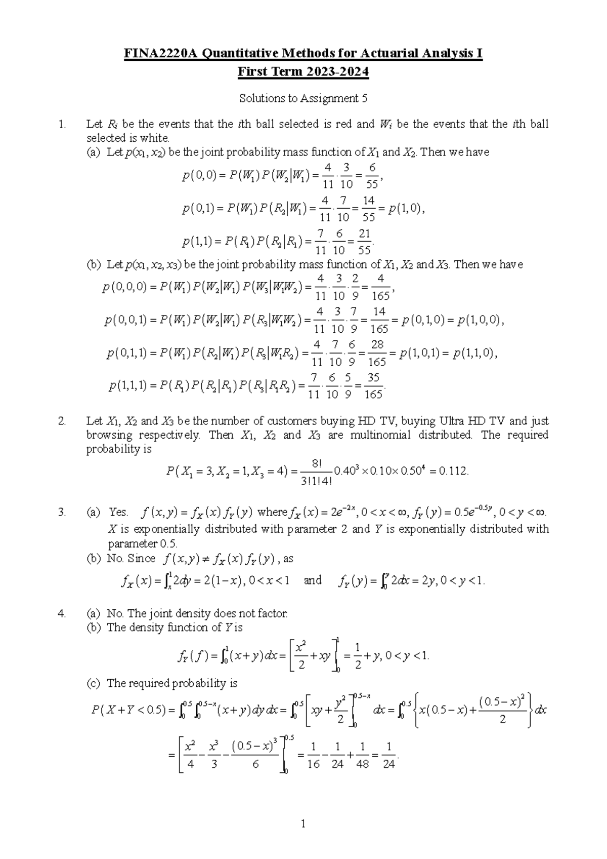 FINA2220 Solutions - FINA2220A Quantitative Methods for Actuarial Analysis I First Term 2023 ...