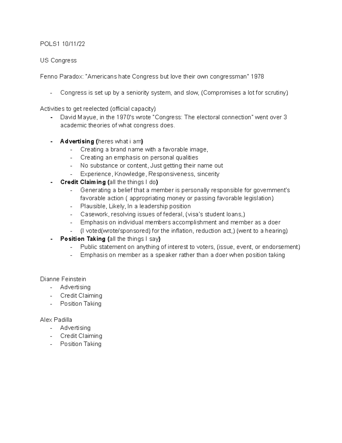 POLS1 10 11 22 - Prof. Martin, Reelection - POLS1 10/11/ US Congress ...