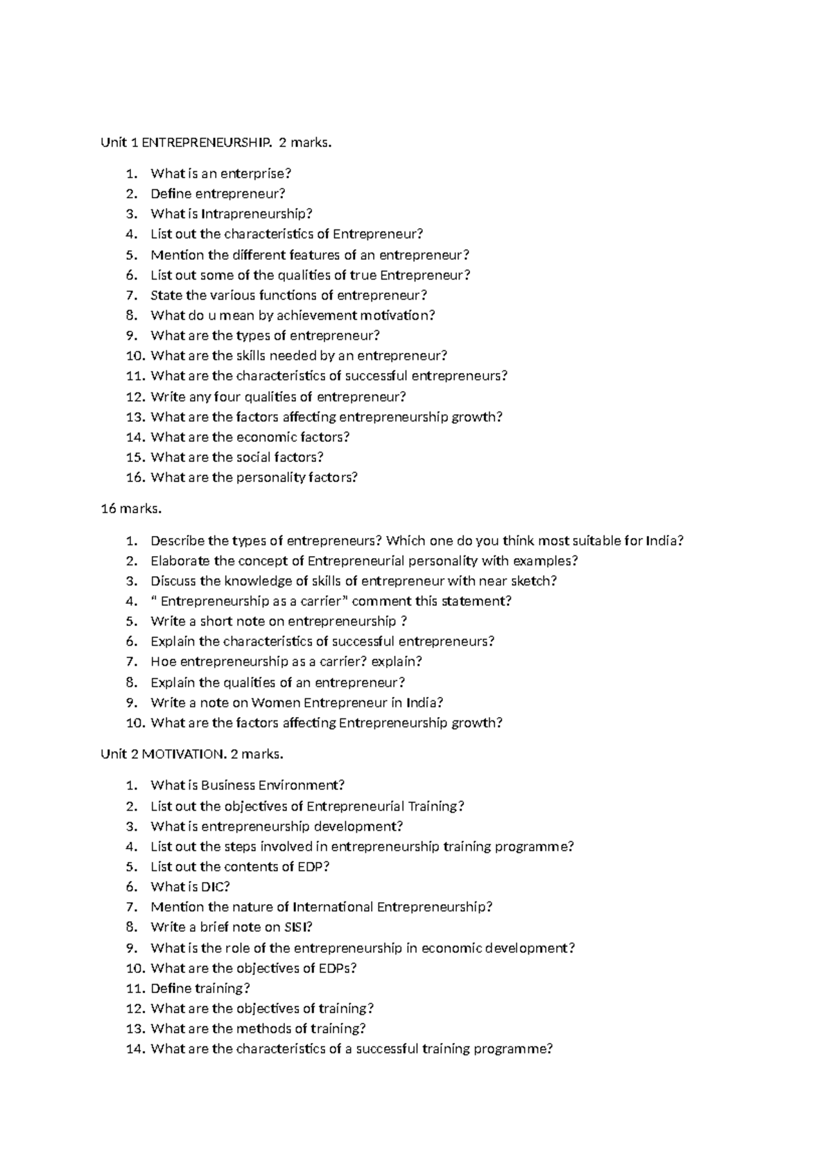Unit 1 Entrepreneurship - Unit 1 ENTREPRENEURSHIP. 2 marks. 1. What is ...