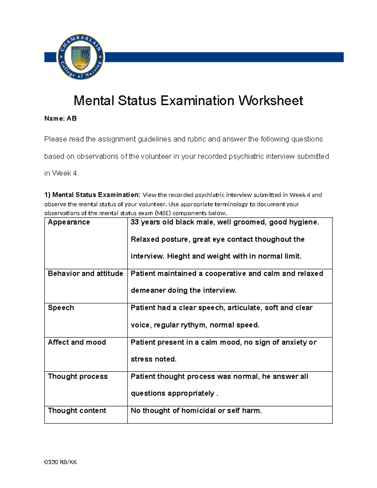 NR548 MSE Worksheet completed - Mental Status Examination Worksheet ...
