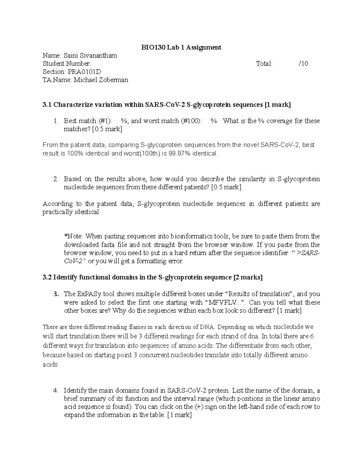 BIO130 LAB 1 - Hhhh - BIO130 Lab 1 Assignment Name: Saini Sivanantham Student Number: Total ...