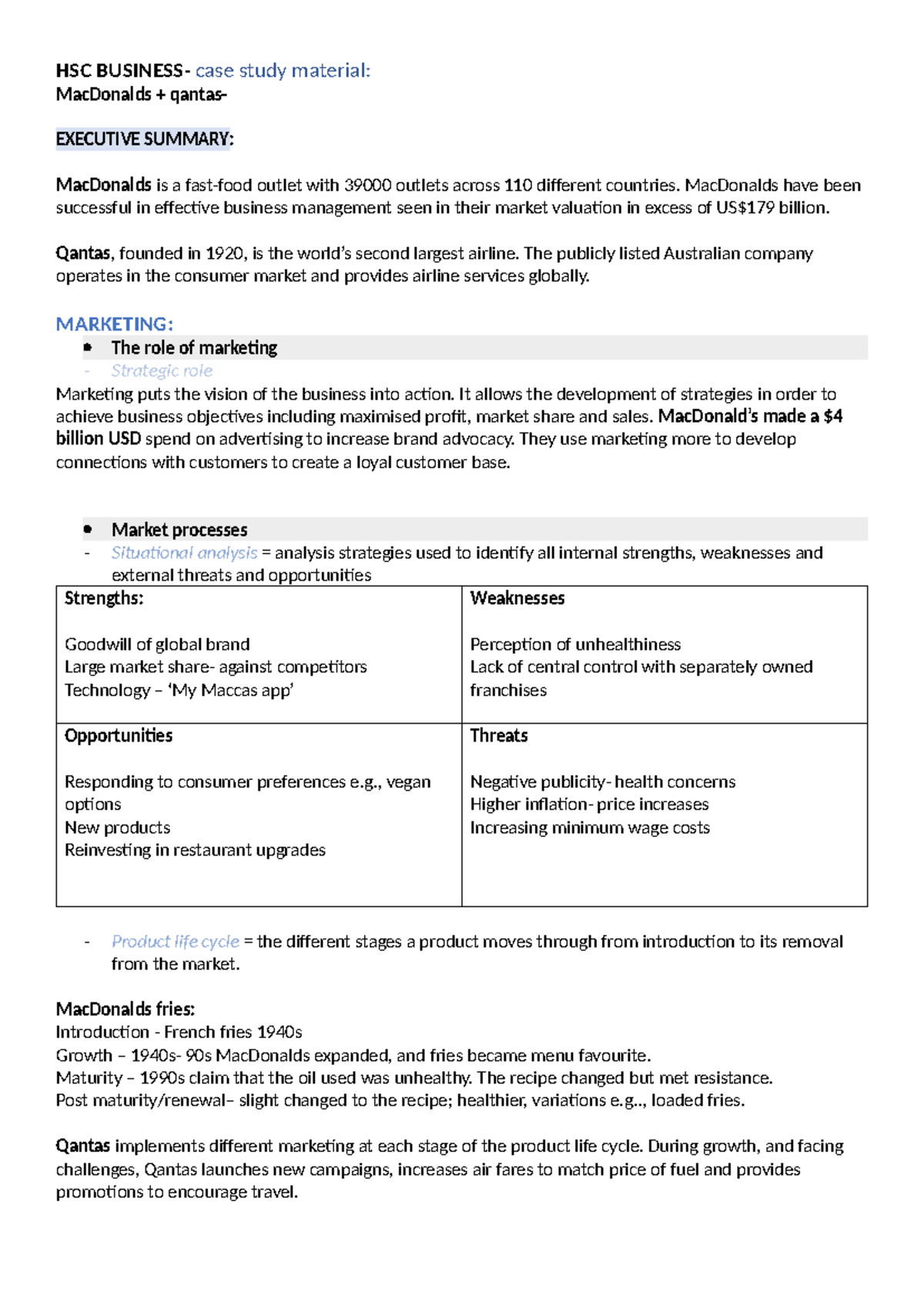 Casestudy business - Qantas and mcdonalds - HSC BUSINESS- case study ...