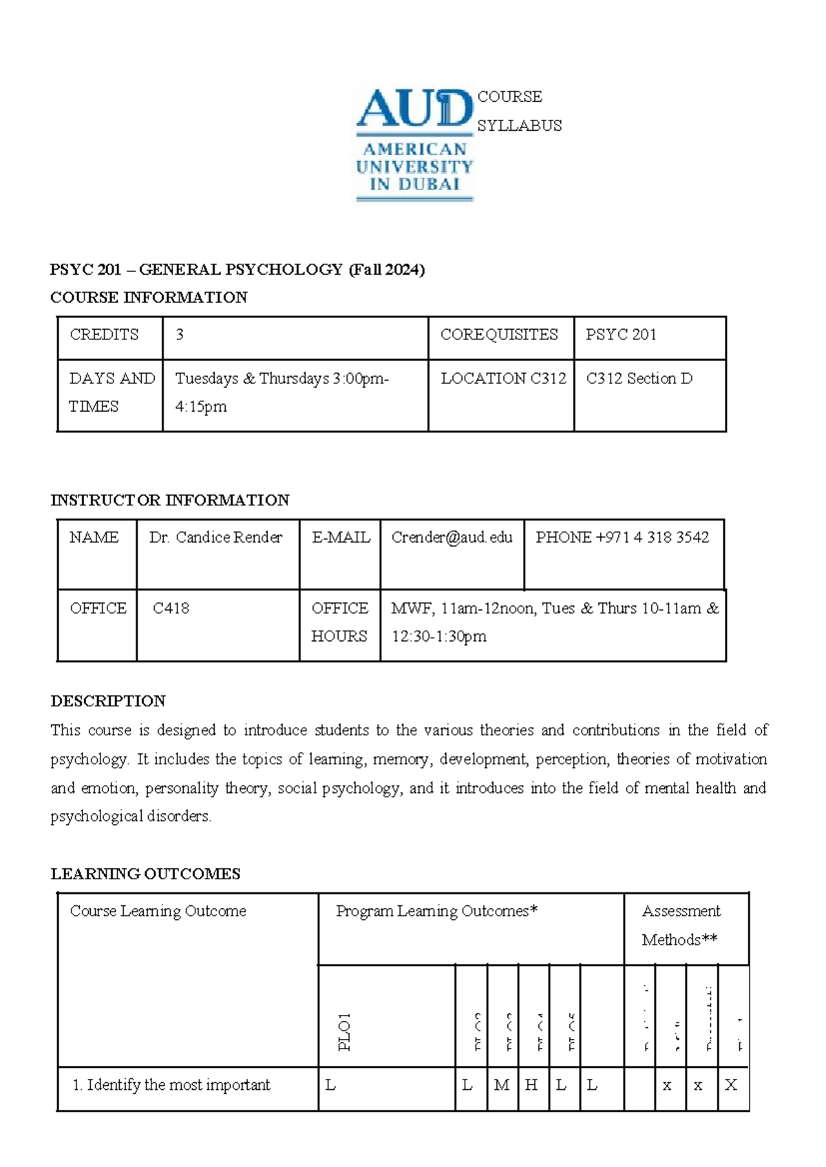 PSYC201 General Psychology Sec (D) Syllabus Fall 2024 - COURSE SYLLABUS ...