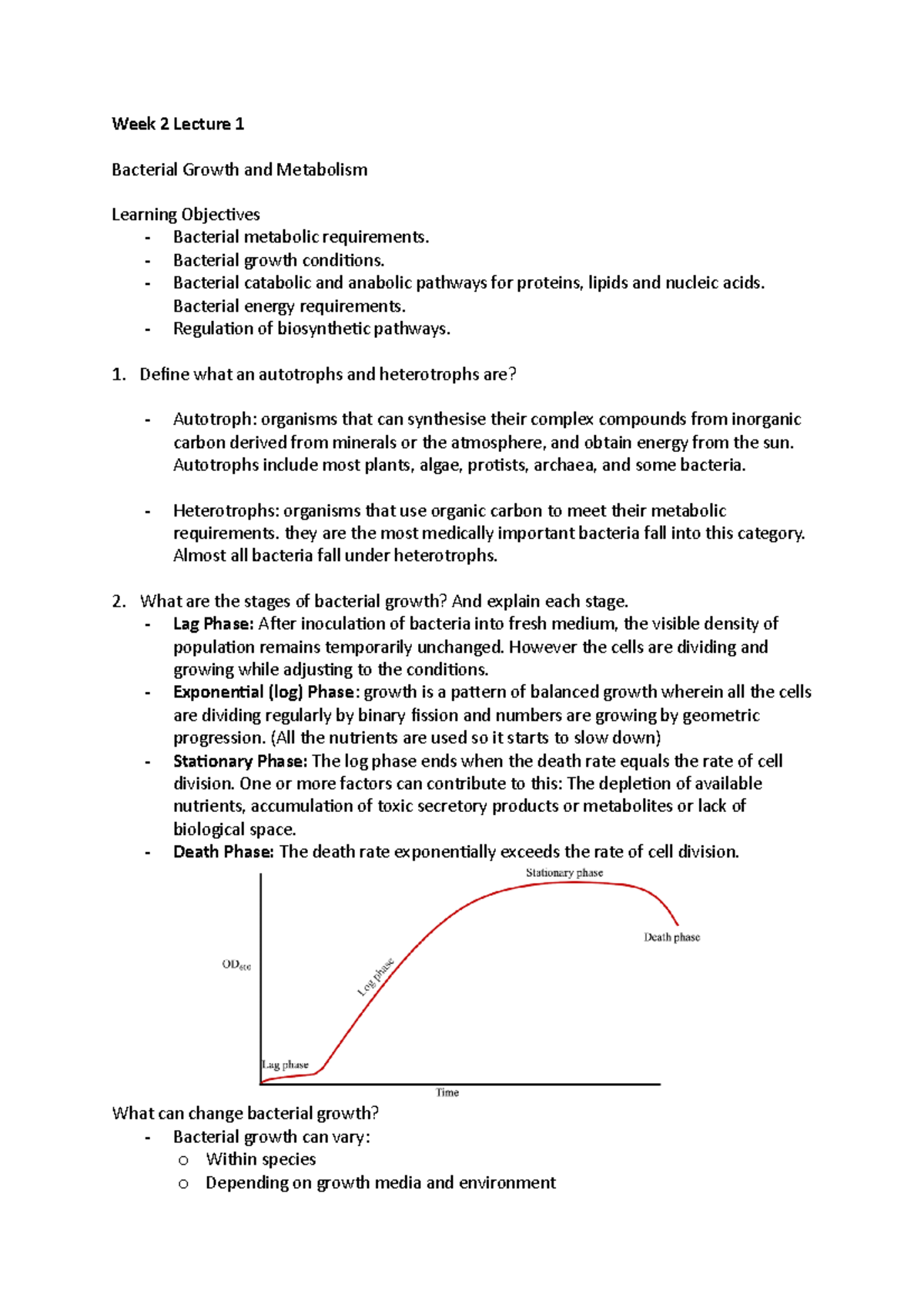 Week 2 Lecture 1 - Week 2 Lecture 1 Bacterial Growth and Metabolism Learning Objectives ...