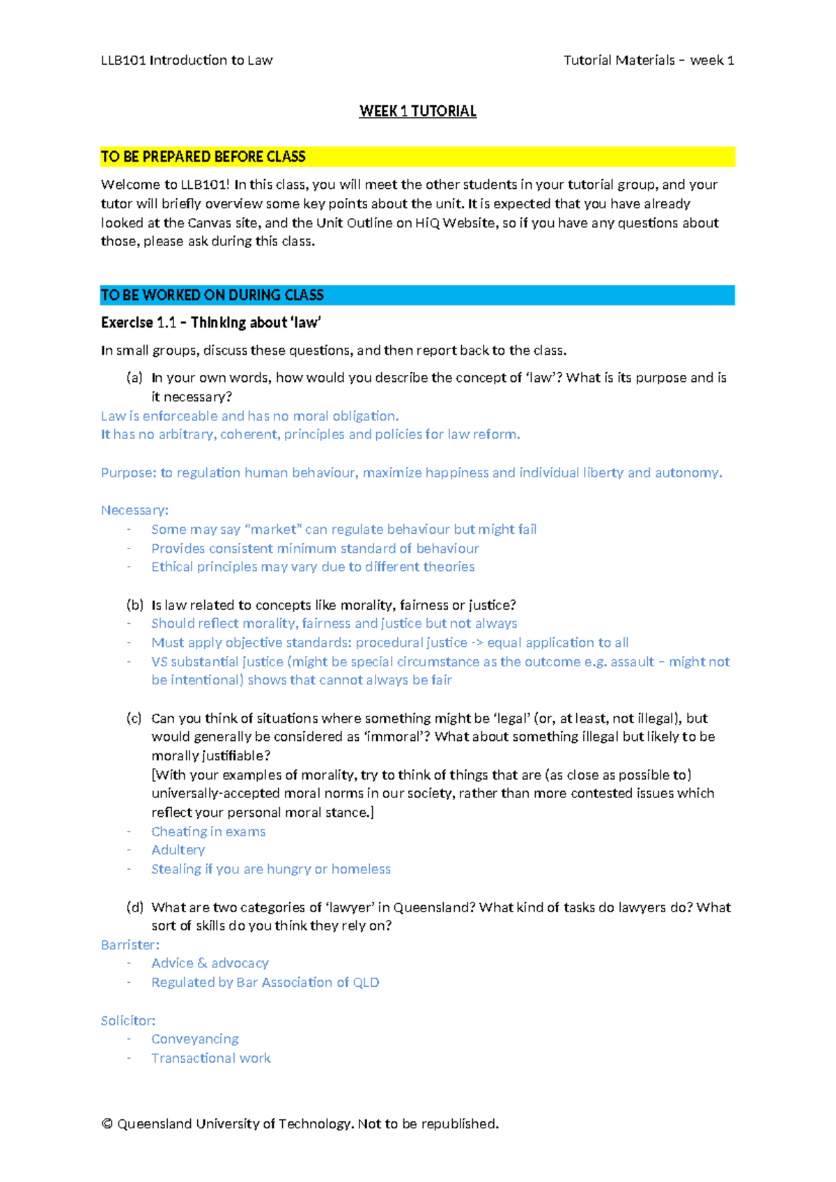 Week 1 Intro to Law Tutorial - LLB101 Introduction to Law Tutorial Materials – week 1 WEEK 1 ...