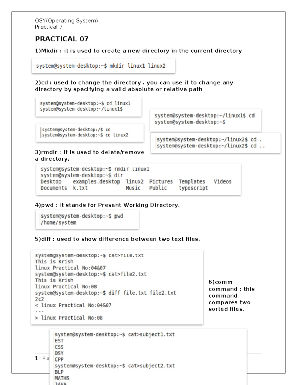 Practical - cxmn vxfvnljsnvflkn - OSY(Operating System) Practical 7 PRACTICAL 07 1)Mkdir : it is ...