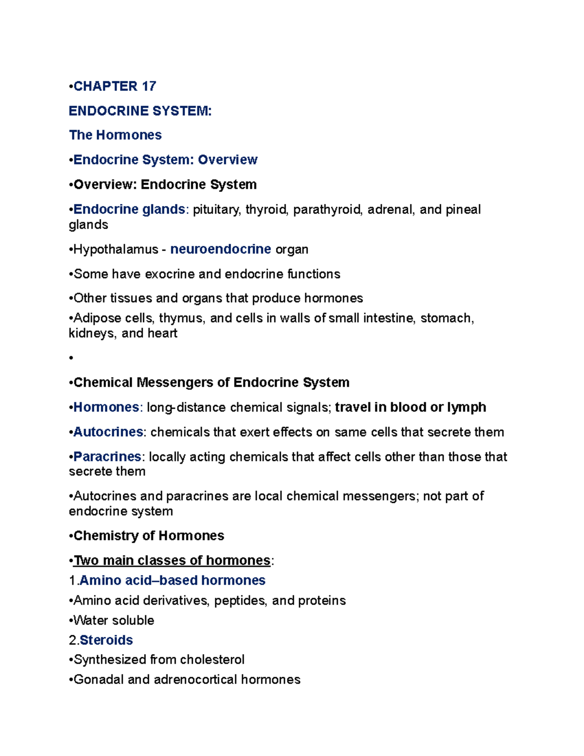 Endocrine Notes - Professor Lennon - • CHAPTER 17 ENDOCRINE SYSTEM: The ...