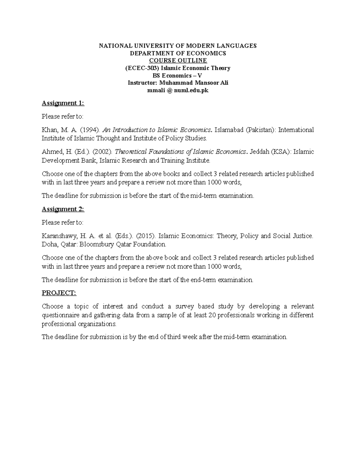 Semester assignments Islamic Economics - NATIONAL UNIVERSITY OF MODERN ...