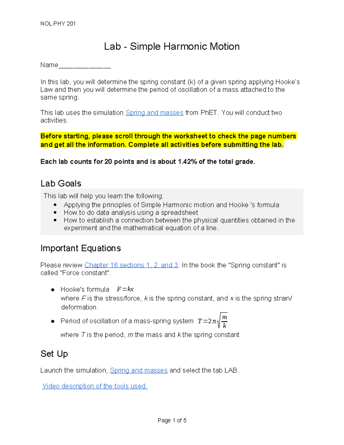 Module 15 Lab 12 Simple harmonic motion - Lab - Simple Harmonic Motion ...