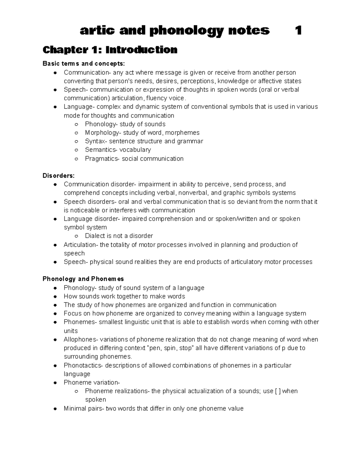 Artic and phonology notes - Chapter 1: Introduction Basic terms and ...