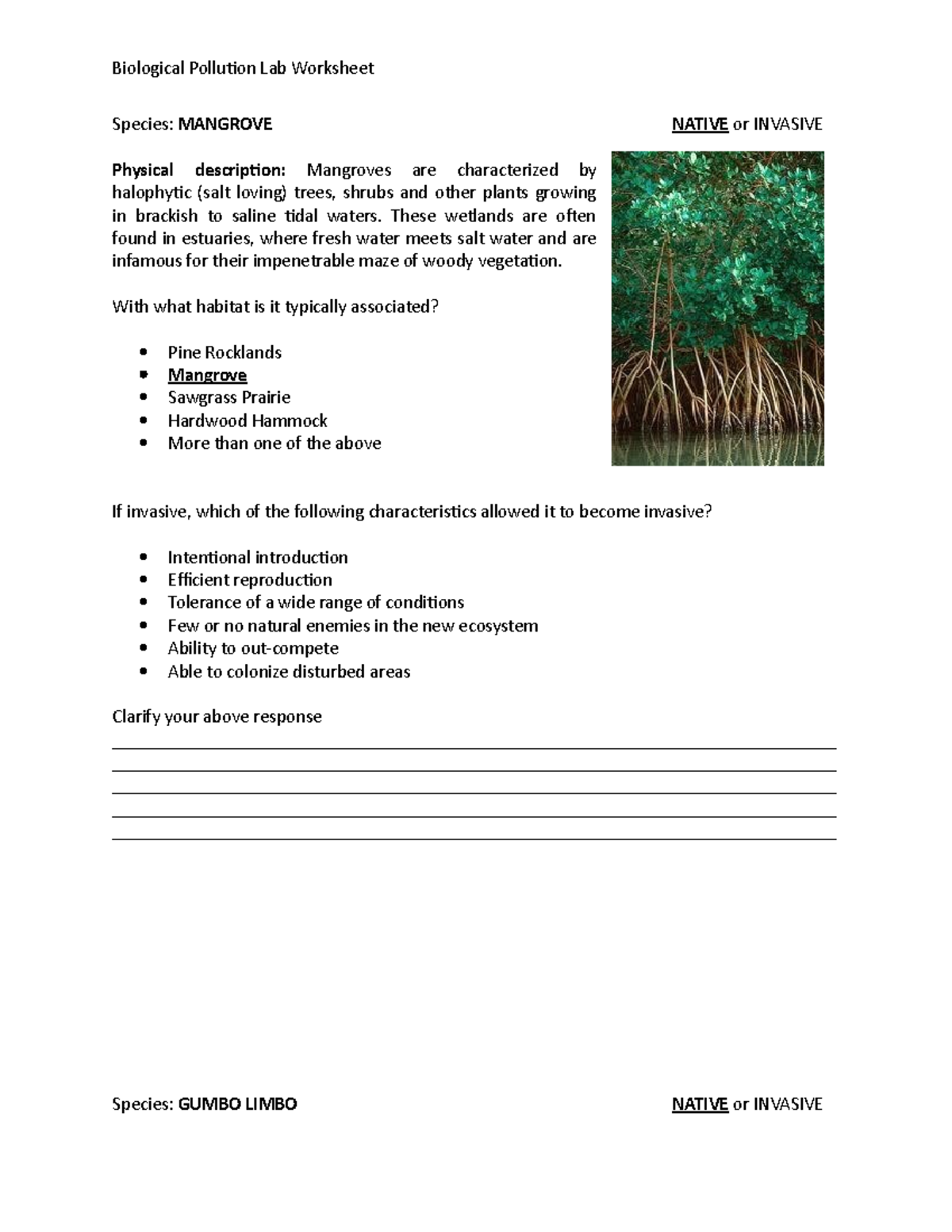 Biological Pollution Worksheet - Species: MANGROVE NATIVE or INVASIVE ...