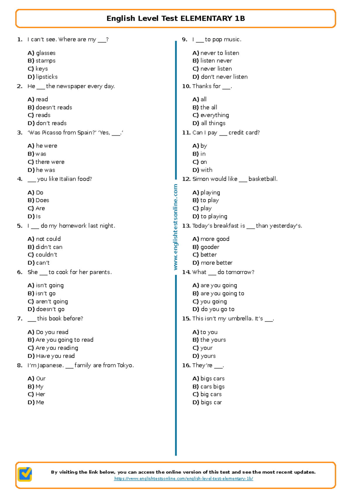 English Level Test Elementary 1B - I can’t see. Where are my ___? A ...