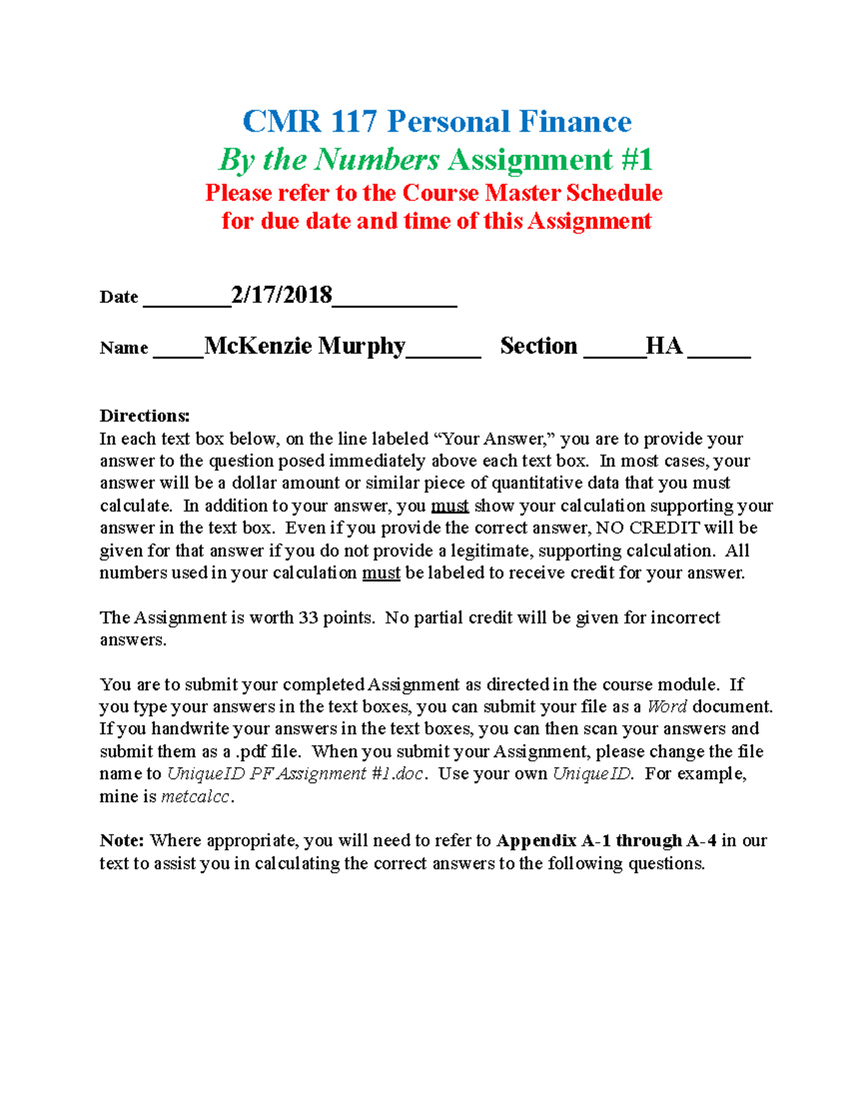 By the Numbers Assignment #1 - CMR 117 Personal Finance By the Numbers ...