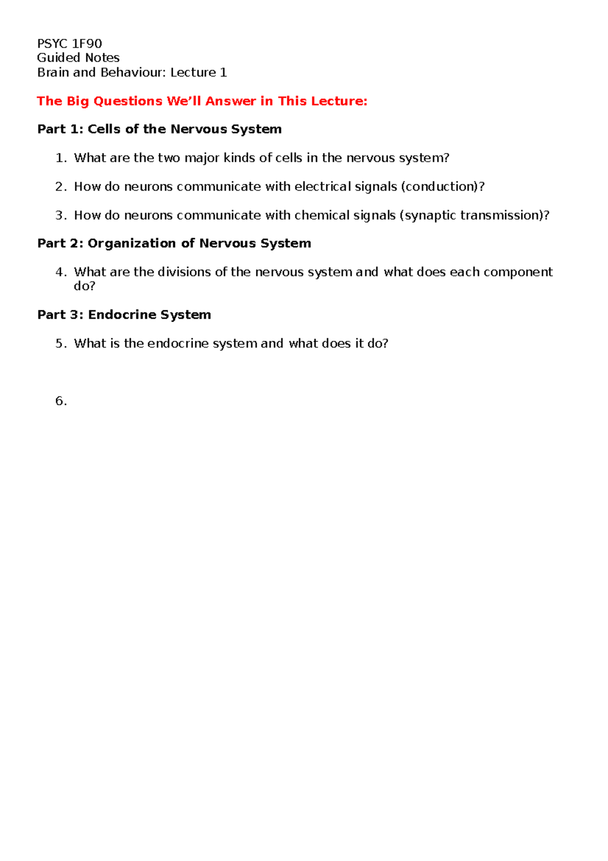 Brain and Behaviour Lecture 1 Laptop Guided Notes Fall 2023-2 - PSYC 1F ...
