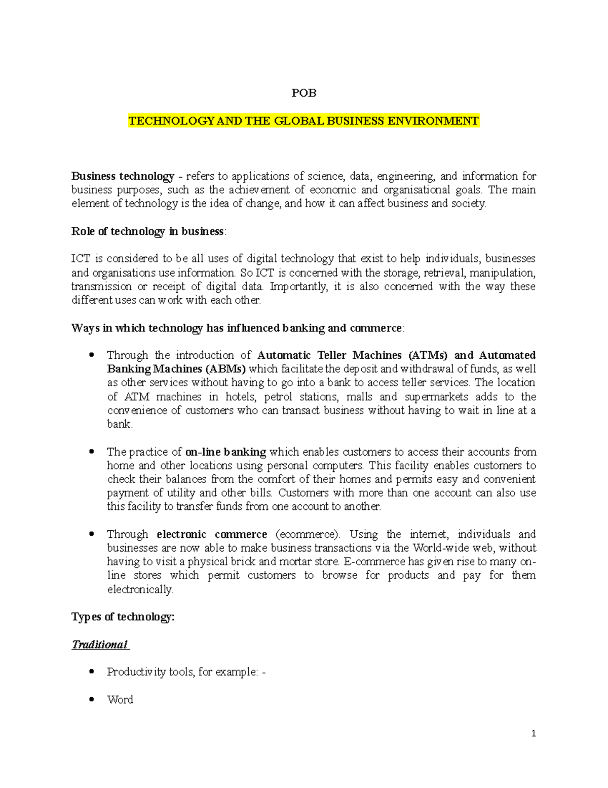 POB LAST Section - POB TECHNOLOGY AND THE GLOBAL BUSINESS ENVIRONMENT ...