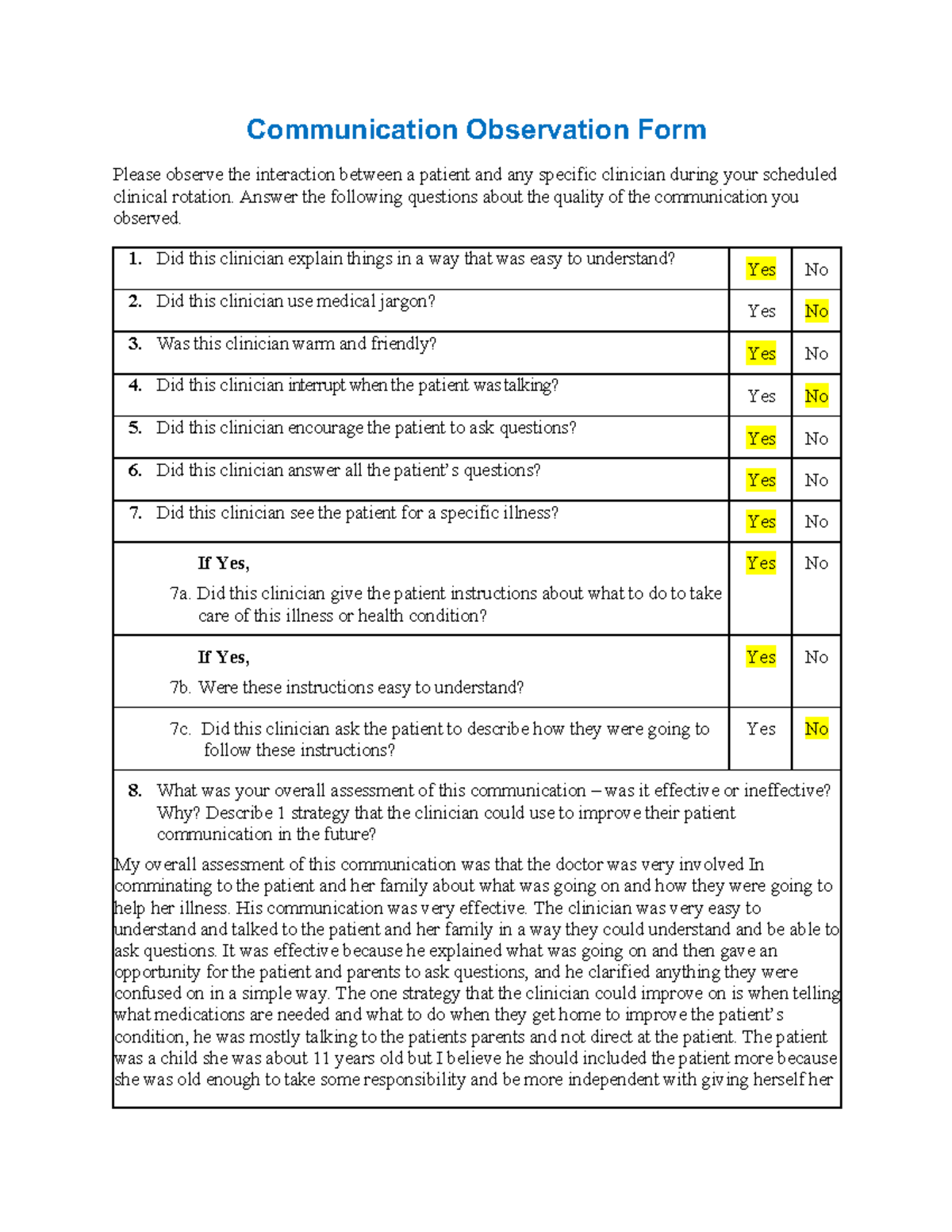 Communication Observation Form Communication Observation Form Please
