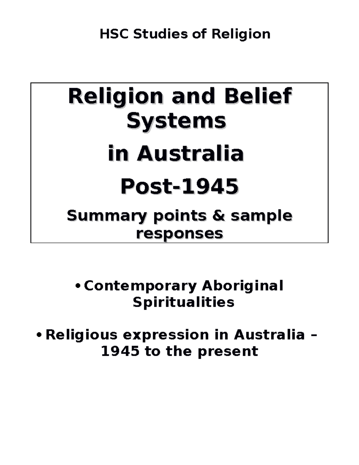 Religious expression australia post 1945 summary booklet - HSC Studies ...