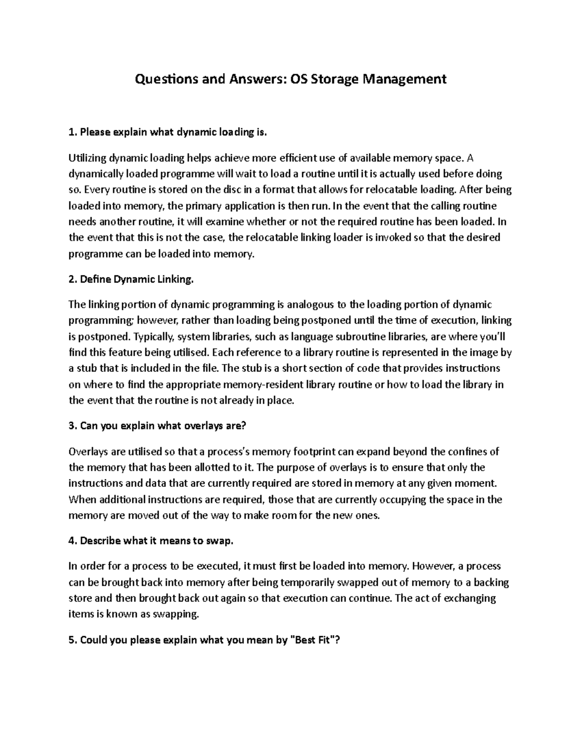 Questions and Answers OS Storage Management - Utilizing dynamic loading ...